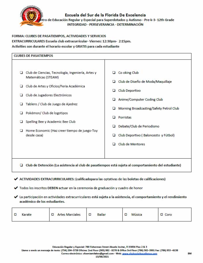 Extracurricular Activities Registration Form
